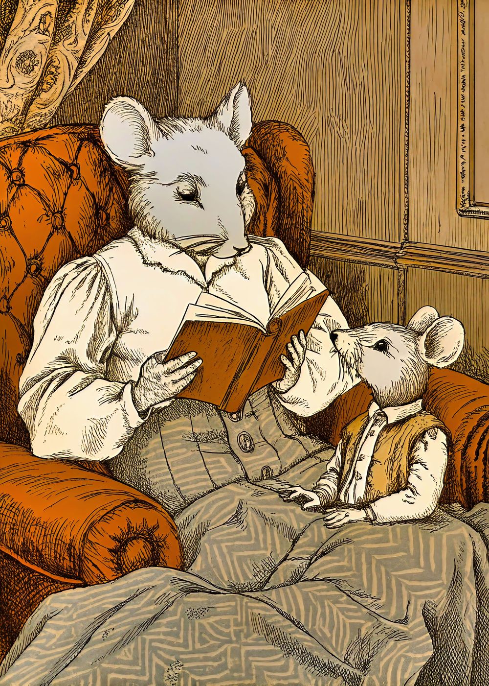 Vintage mouse reading a book to a young mouse (5)_upscale | Framer ...