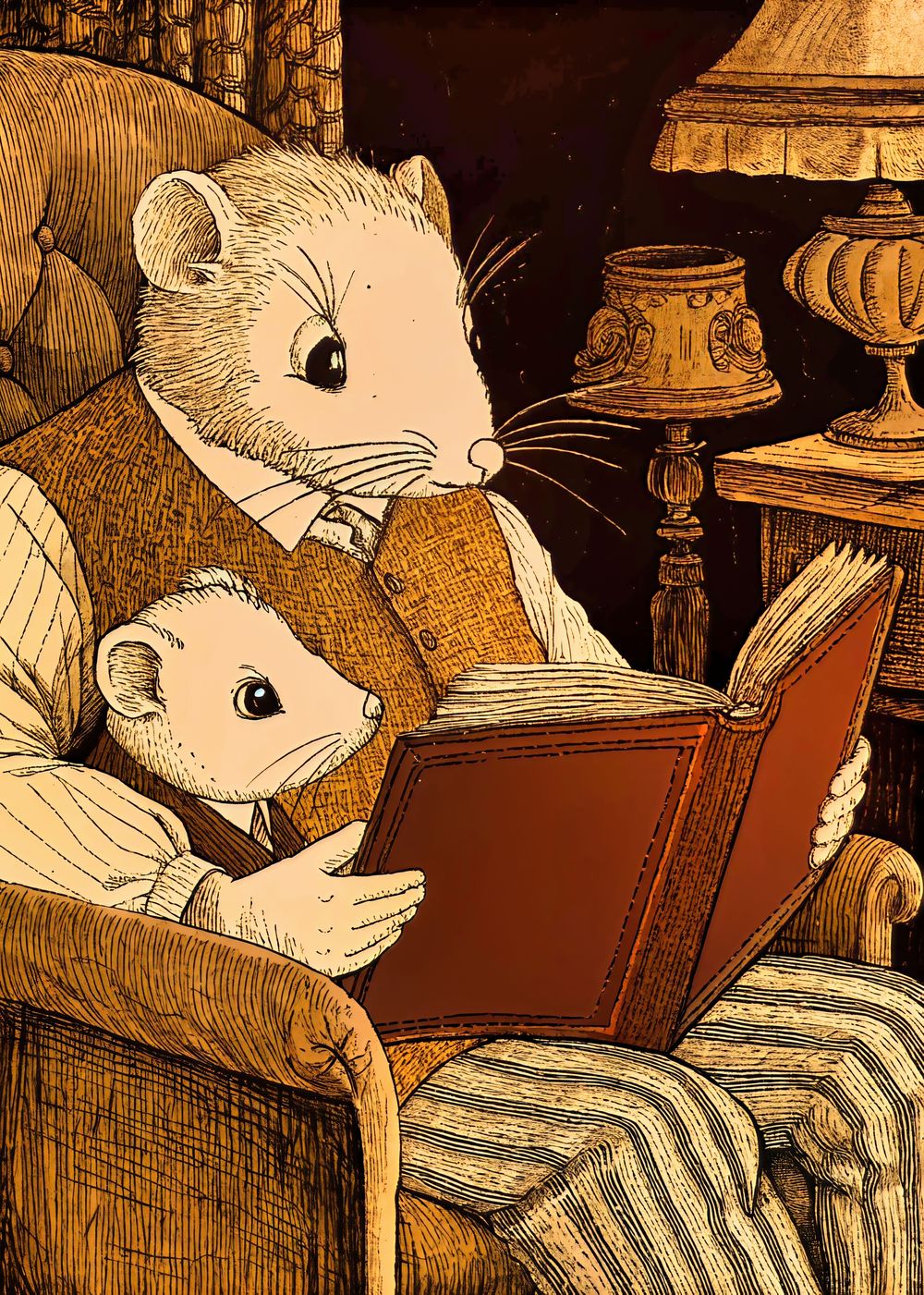 Vintage ferret reading a book to a young ferret (3)_upscale | Framer ...