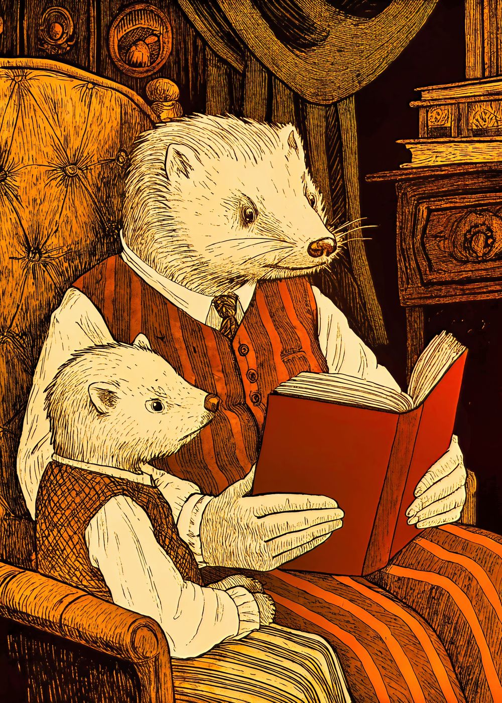 Vintage ferrets reading a book | Framer Gallery | Framed Wall Art Prints